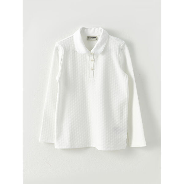 Polo Yaka Kendinden Desenli Uzun Kollu Kız Çocuk Tişört