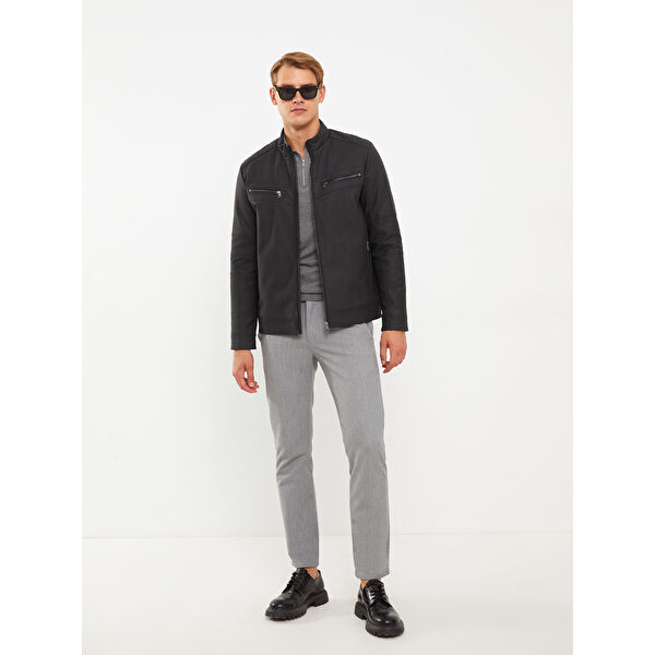 Standart Kalıp Dik Yaka Erkek Deri Görünümlü Mont