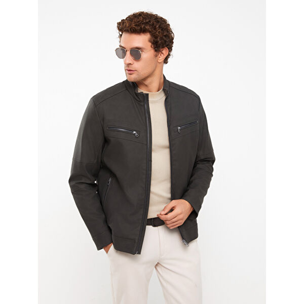 Standart Kalıp Dik Yaka Erkek Deri Görünümlü Mont Standart Kalıp Dik Yaka Erkek Deri Görünümlü Mont