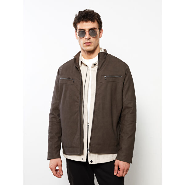 Standart Kalıp Dik Yaka Erkek Deri Görünümlü Mont Standart Kalıp Dik Yaka Erkek Deri Görünümlü Mont