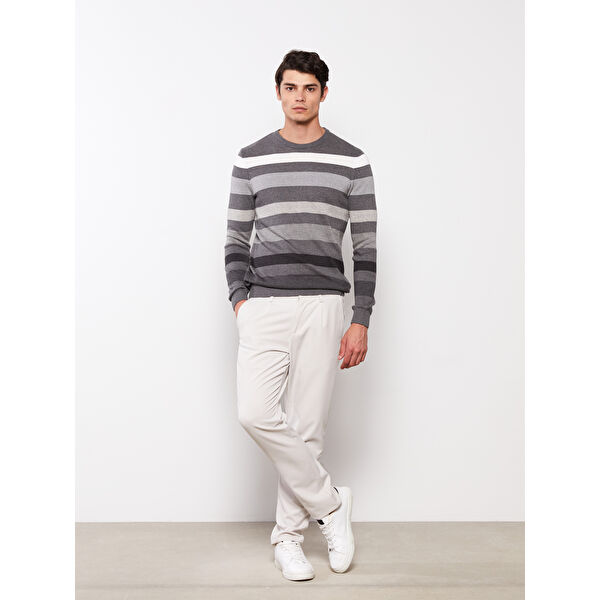 Bisiklet Yaka Uzun Kollu Çizgili Erkek Triko Kazak