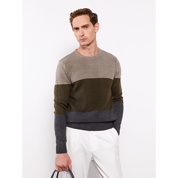 Bisiklet Yaka Uzun Kollu Renk Bloklu Erkek Triko Kazak