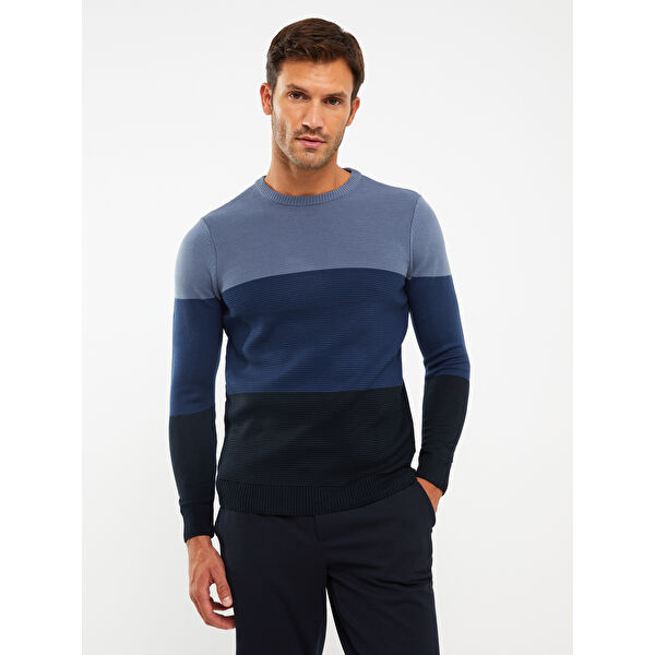 Bisiklet Yaka Uzun Kollu Renk Bloklu Erkek Triko Kazak