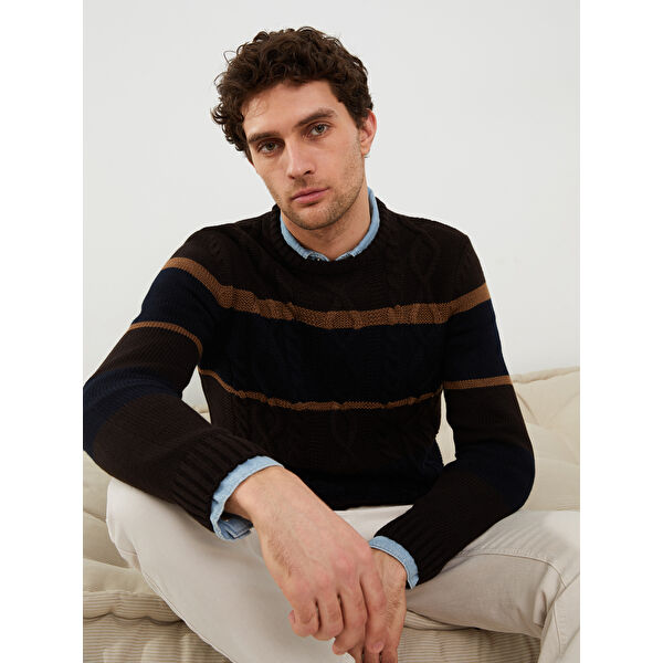 Bisiklet Yaka Uzun Kollu Renk Bloklu Erkek Triko Kazak