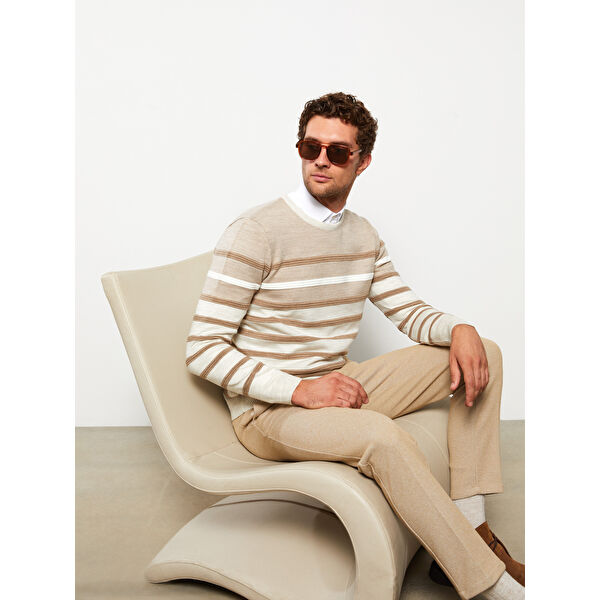 Bisiklet Yaka Uzun Kollu Çizgili Erkek Triko Kazak Bisiklet Yaka Uzun Kollu Çizgili Erkek Triko Kazak