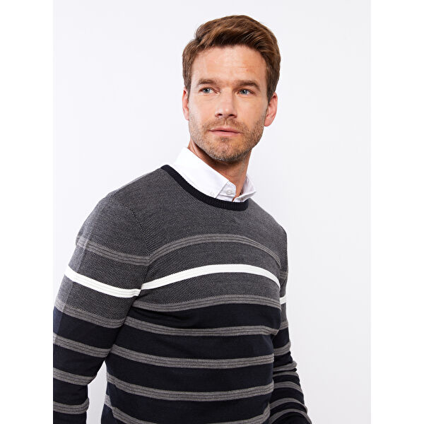 Bisiklet Yaka Uzun Kollu Çizgili Erkek Triko Kazak Bisiklet Yaka Uzun Kollu Çizgili Erkek Triko Kazak