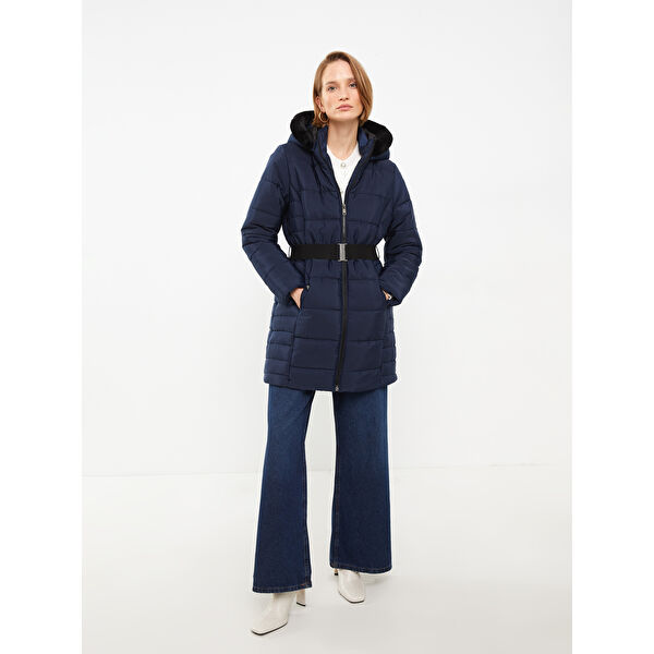 Kapüşonlu Düz Uzun Kollu Kadın Şişme Mont