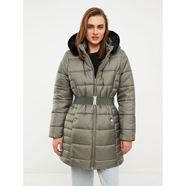 Kapüşonlu Düz Uzun Kollu Kadın Şişme Mont