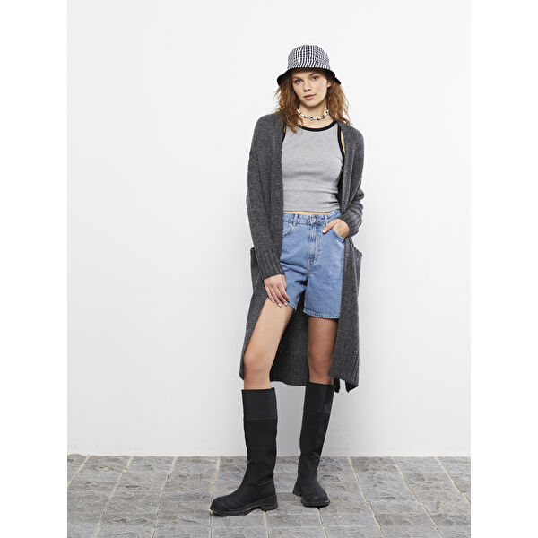 Şal Yaka Düz Uzun Kollu Cep Detaylı Kadın Triko Hırka