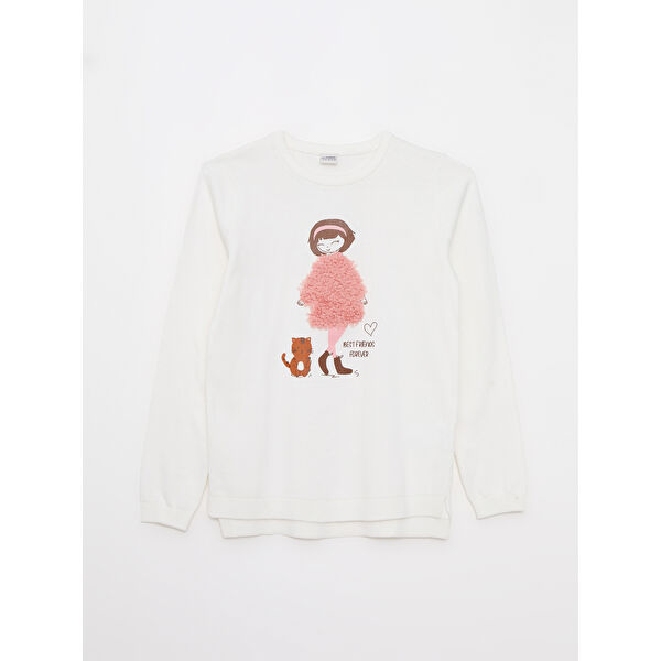 Bisiklet Yaka Baskılı Uzun Kollu Kız Çocuk Triko Kazak