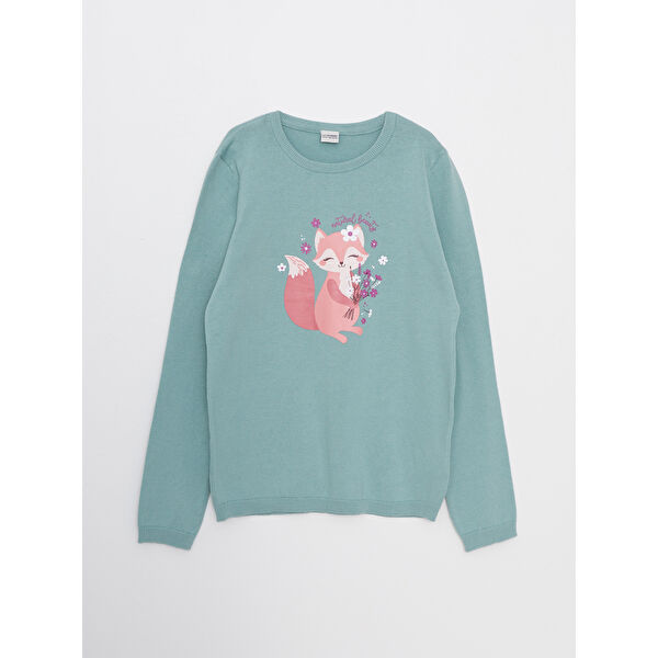 Bisiklet Yaka Baskılı Uzun Kollu Kız Çocuk Triko Kazak