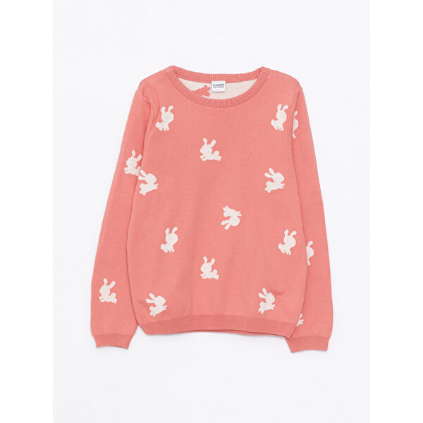 Bisiklet Yaka Desenli Uzun Kollu Kız Çocuk Triko Kazak