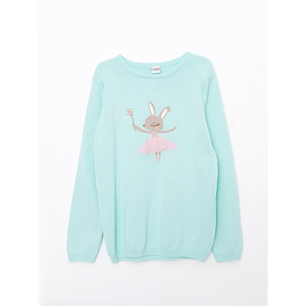 Bisiklet Yaka Baskılı Uzun Kollu Kız Çocuk Triko Kazak