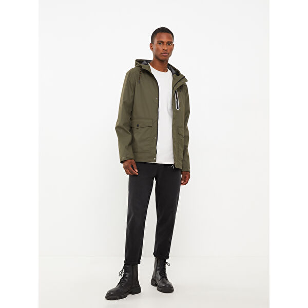 Standart Kalıp Kapüşonlu Erkek Deri Görünümlü Mont