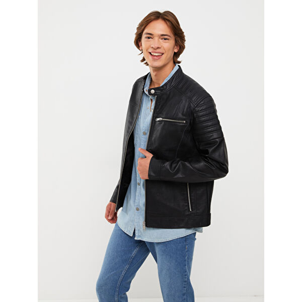 Slim Fit Biker Yaka Erkek Deri Görünümlü Mont Slim Fit Biker Yaka Erkek Deri Görünümlü Mont