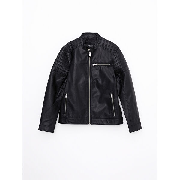 Slim Fit Biker Yaka Erkek Deri Görünümlü Mont Slim Fit Biker Yaka Erkek Deri Görünümlü Mont