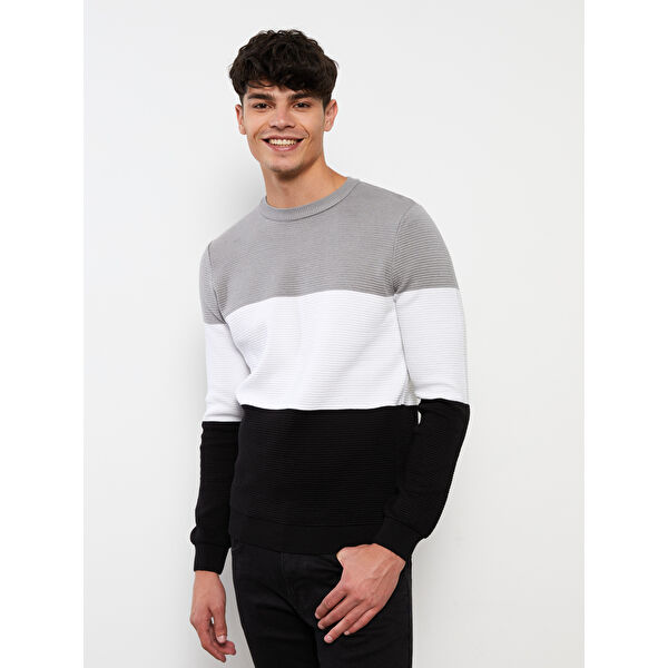 Bisiklet Yaka Uzun Kollu Renk Bloklu Erkek Triko Kazak