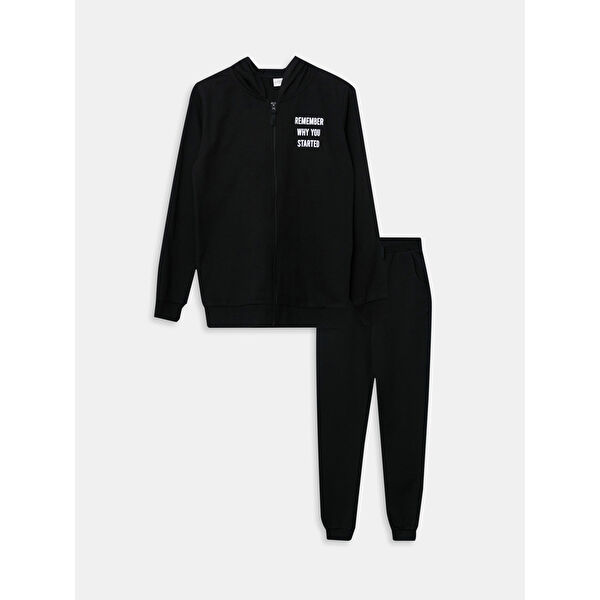 Kapüşonlu Baskılı Uzun Kollu Kız Çocuk Fermuarlı Sweatshirt ve Eşofman Altı