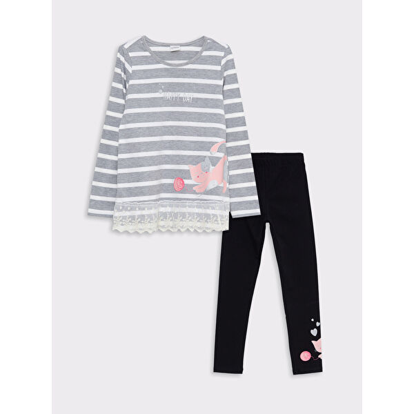 Bisiklet Yaka Baskılı Uzun Kollu Kız Çocuk Tişört ve Tayt