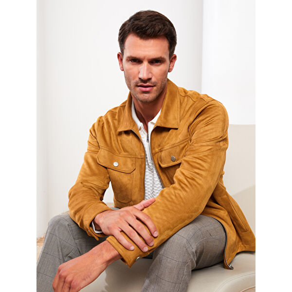 Standart Kalıp Gömlek Yaka Erkek Deri Görünümlü Mont