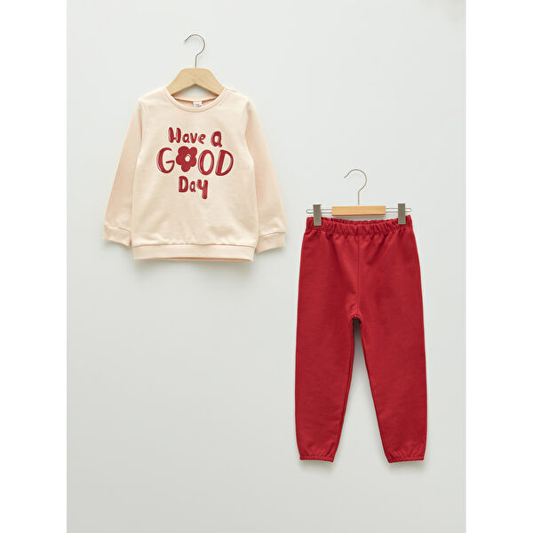 Bisiklet Yaka Uzun Kollu Baskılı Pamuklu Kız Bebek Sweatshirt ve Eşofman Alt 2'li Takım