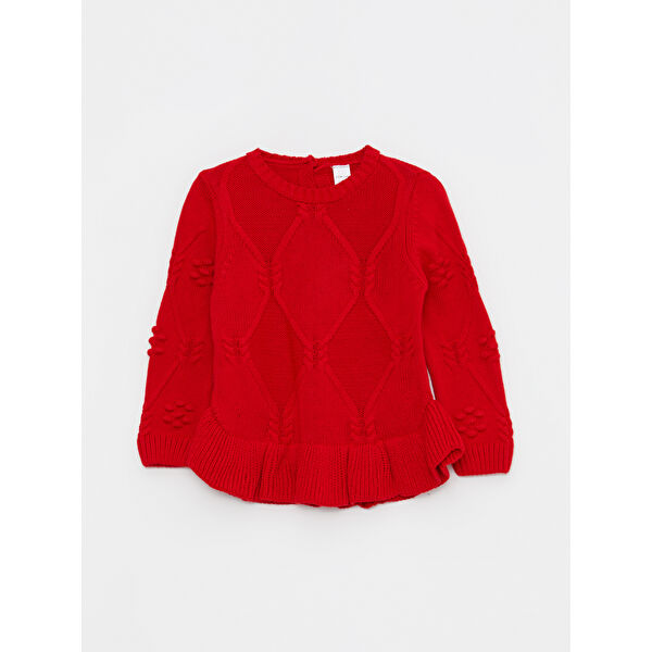 Bisiklet Yaka Uzun Kollu Kendinden Desenli Pamuklu Kız Bebek Triko Kazak Bisiklet Yaka Uzun Kollu Kendinden Desenli Pamuklu Kız Bebek Triko Kazak