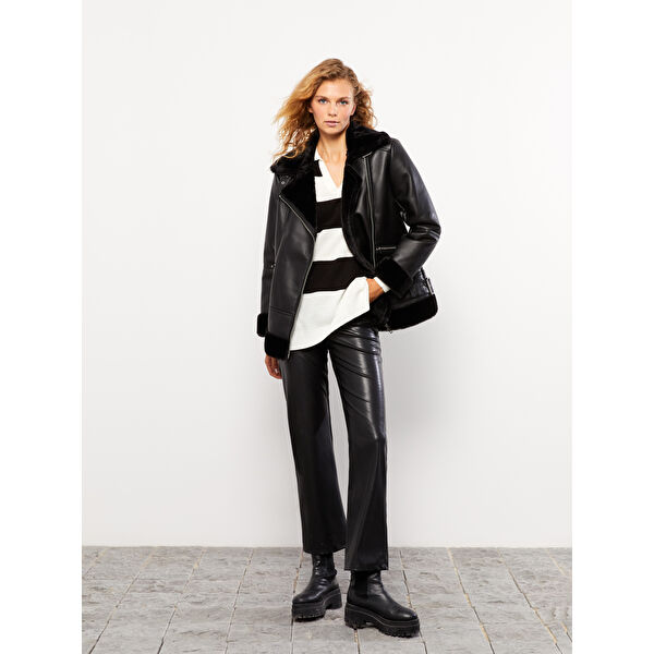 Biker Yaka Düz Uzun Kollu Kadın Deri Görünümlü Mont Biker Yaka Düz Uzun Kollu Kadın Deri Görünümlü Mont