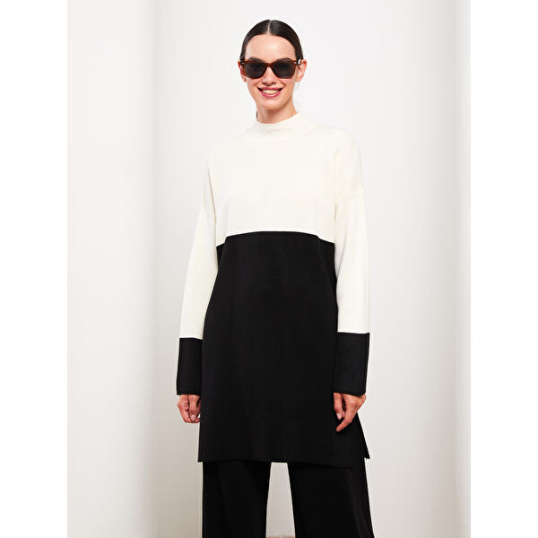 Yarım Balıkçı Yaka Renk Bloklu Uzun Kollu Kadın Triko Tunik Yarım Balıkçı Yaka Renk Bloklu Uzun Kollu Kadın Triko Tunik