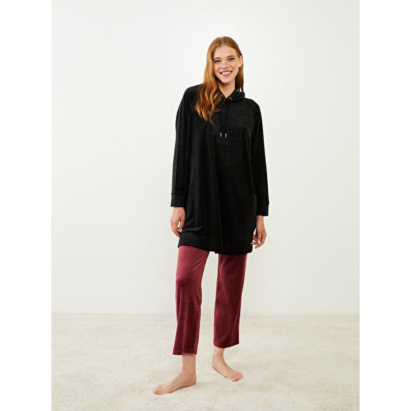 Kapüşonlu Nakışlı Uzun Kollu Kadın Pijama Üst