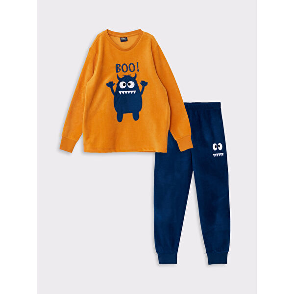 Bisiklet Yaka Nakışlı Uzun Kollu Polar Erkek Çocuk Pijama Takımı