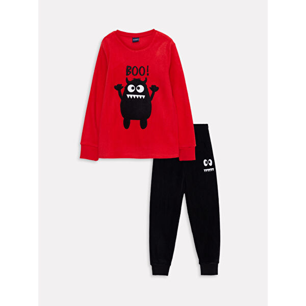 Bisiklet Yaka Nakışlı Uzun Kollu Polar Erkek Çocuk Pijama Takımı