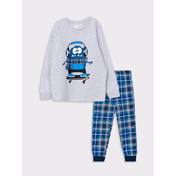 Bisiklet Yaka Baskılı Uzun Kollu Erkek Çocuk Pijama Takımı