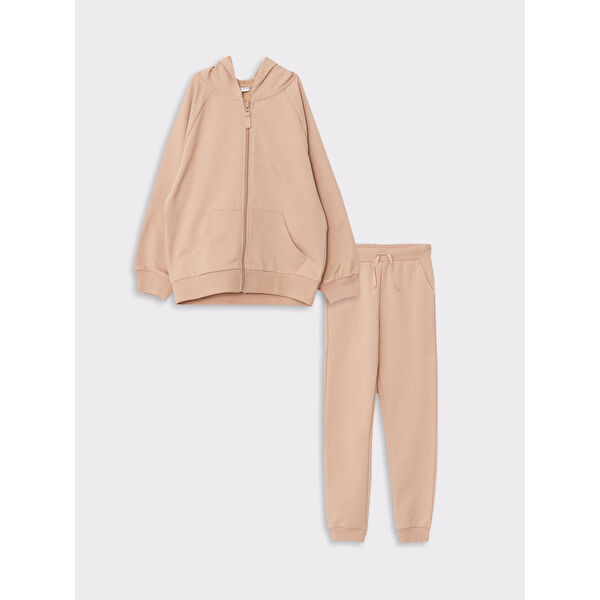 Kapüşonlu Basic Uzun Kollu Kız Çocuk Fermuarlı Sweatshirt ve Eşofman Altı