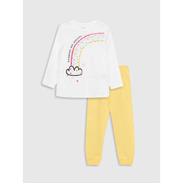 Bisiklet Yaka Uzun Kollu Baskılı Pamuklu Kız Bebek Pijama Takımı