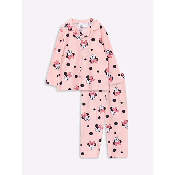 Polo Yaka Uzun Kollu Minnie Mouse Baskılı Pamuklu Kız Bebek Pijama Takımı 2'li