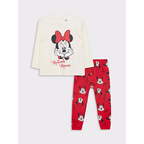 Bisiklet Yaka Uzun Kollu Minnie Mouse Baskılı Kız Bebek Pijama Takımı 2'li