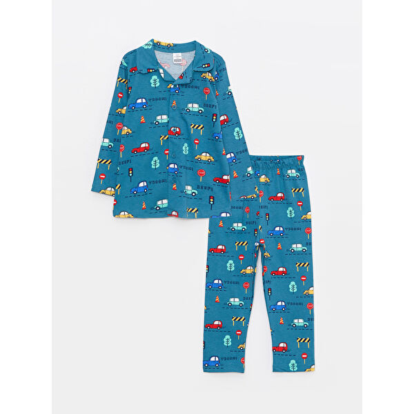 Polo Yaka Uzun Kollu Baskılı Erkek Bebek Pijama Takımı 2'li