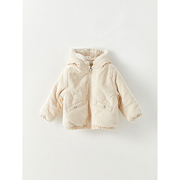 Kapüşonlu Uzun Kollu Kadife Kız Bebek Mont