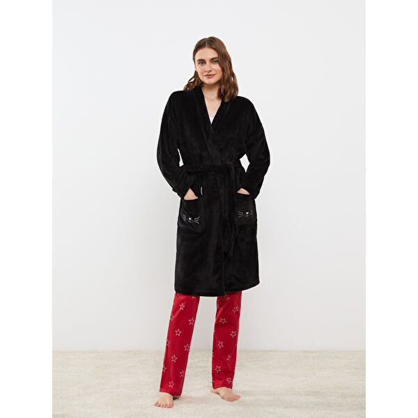 Şal Yaka Baskılı Uzun Kollu Pelüş Kadın Sabahlık Şal Yaka Baskılı Uzun Kollu Pelüş Kadın Sabahlık