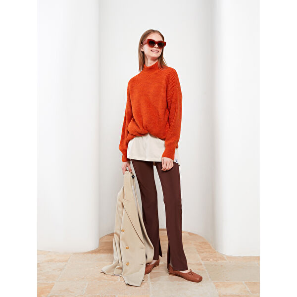 Yarım Balıkçı Yaka Düz Uzun Kollu Kadın Triko Tunik