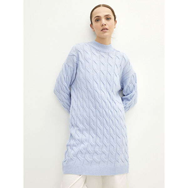 Yarım Balıkçı Yaka Kendinden Desenli Uzun Kollu Kadın Triko Tunik Yarım Balıkçı Yaka Kendinden Desenli Uzun Kollu Kadın Triko Tunik