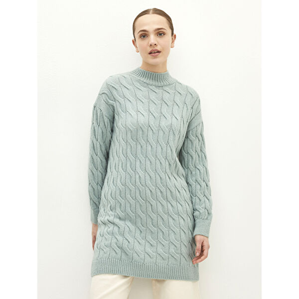 Yarım Balıkçı Yaka Kendinden Desenli Uzun Kollu Kadın Triko Tunik