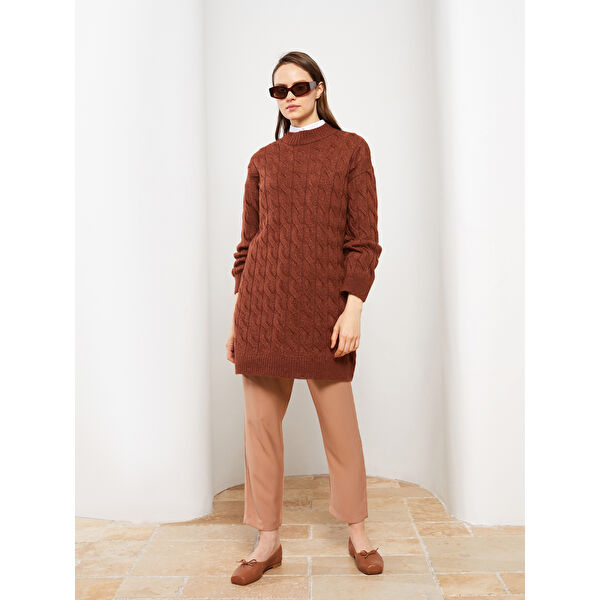 Yarım Balıkçı Yaka Kendinden Desenli Uzun Kollu Kadın Triko Tunik