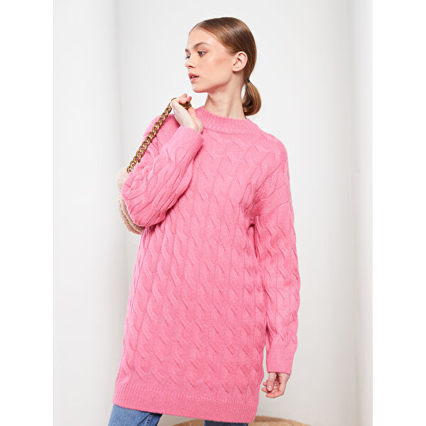 Yarım Balıkçı Yaka Kendinden Desenli Uzun Kollu Kadın Triko Tunik