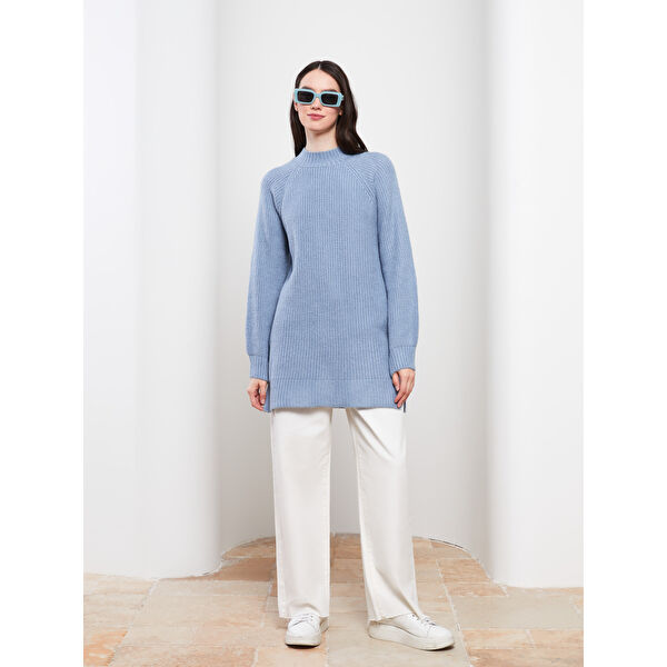 Yarım Balıkçı Yaka Düz Uzun Kollu Kadın Tunik