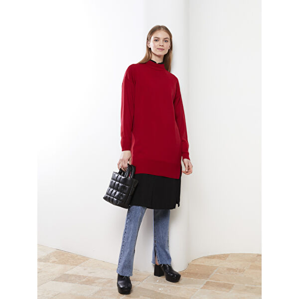 Yarım Balıkçı Yaka Düz Uzun Kollu Kadın Triko Tunik