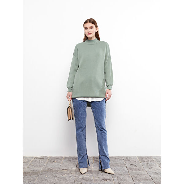 Yarım Balıkçı Yaka Düz Uzun Kollu Kadın Triko Tunik