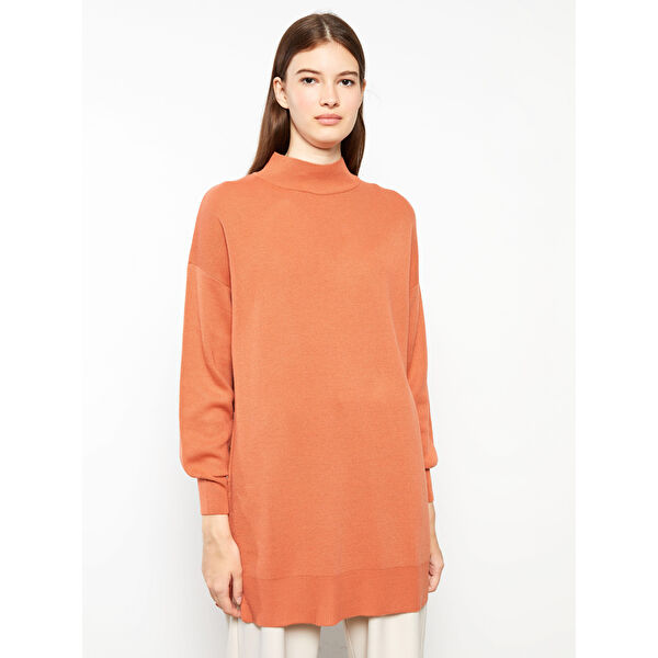 Yarım Balıkçı Yaka Düz Uzun Kollu Kadın Triko Tunik