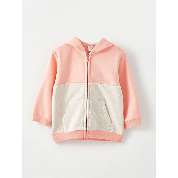 Kapüşonlu Uzun Kollu Renk Bloklu Kız Bebek Fermuarlı Sweatshirt