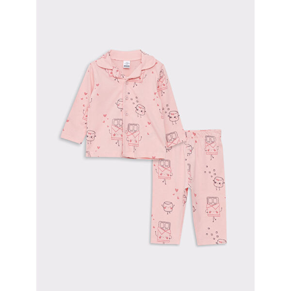 Polo Yaka Uzun Kollu Desenli Kız Bebek Pijama Takımı